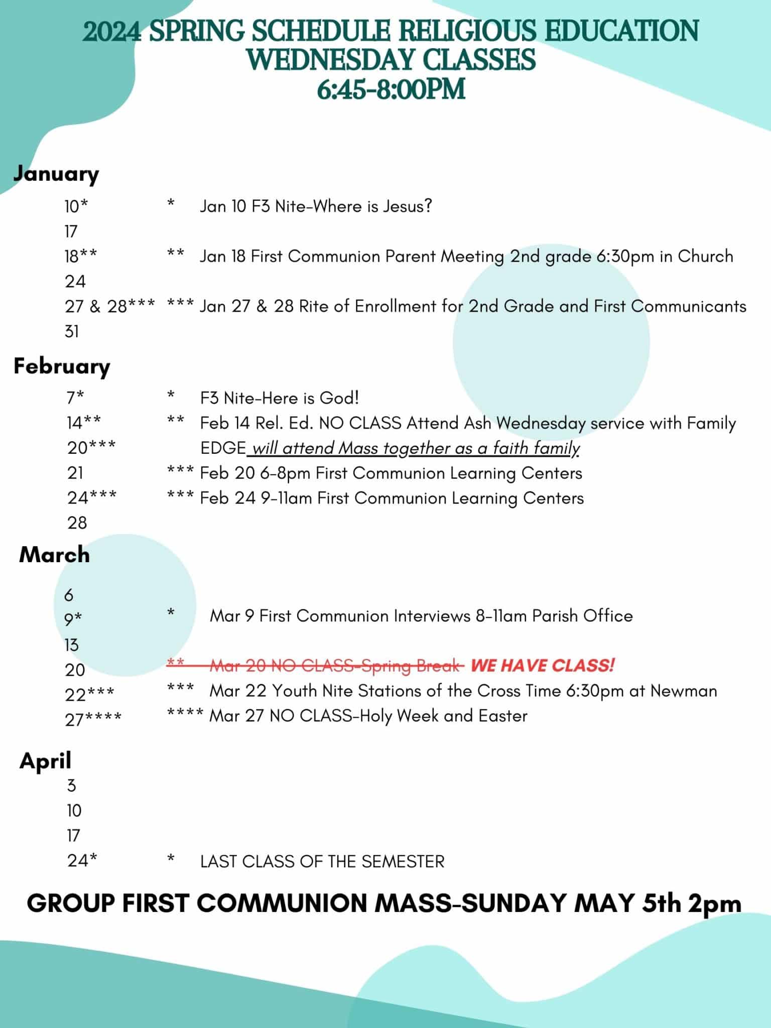 UPDATED Wednesday 2024 Spring Schedule | Our Lady of Lourdes